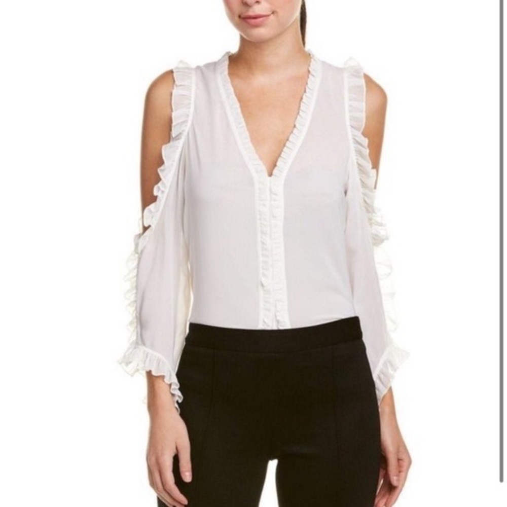 Alice + Olivia White Semi Sheer Cold Shoulder Silk Sh… - Gem